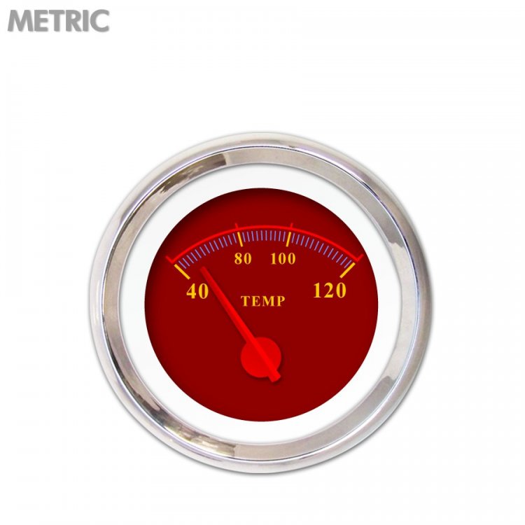 Water Temp Gauge - Metric Omega Red , Red Modern Needles, Chrome Trim ...