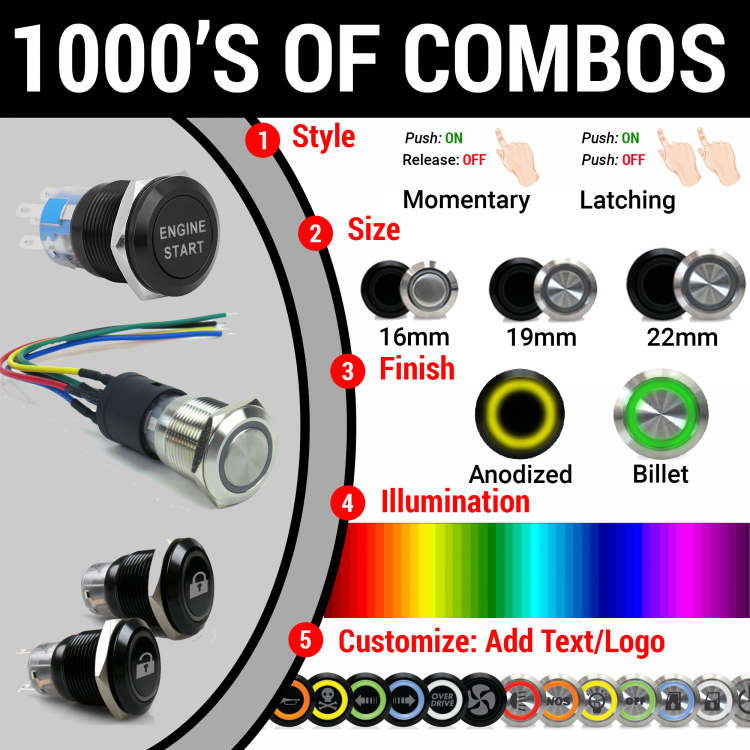 16mm Billet Latching 12V Push Button Switch White and/or Orange LED ...