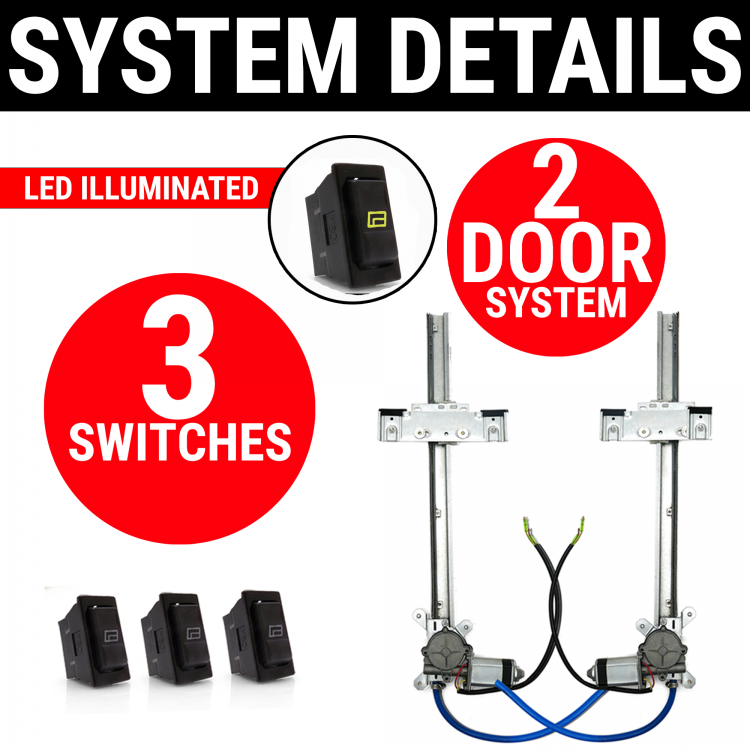 2 Door Flat Glass 12V Electric Power Window Kit w/ 3 Switches & Wiring ...